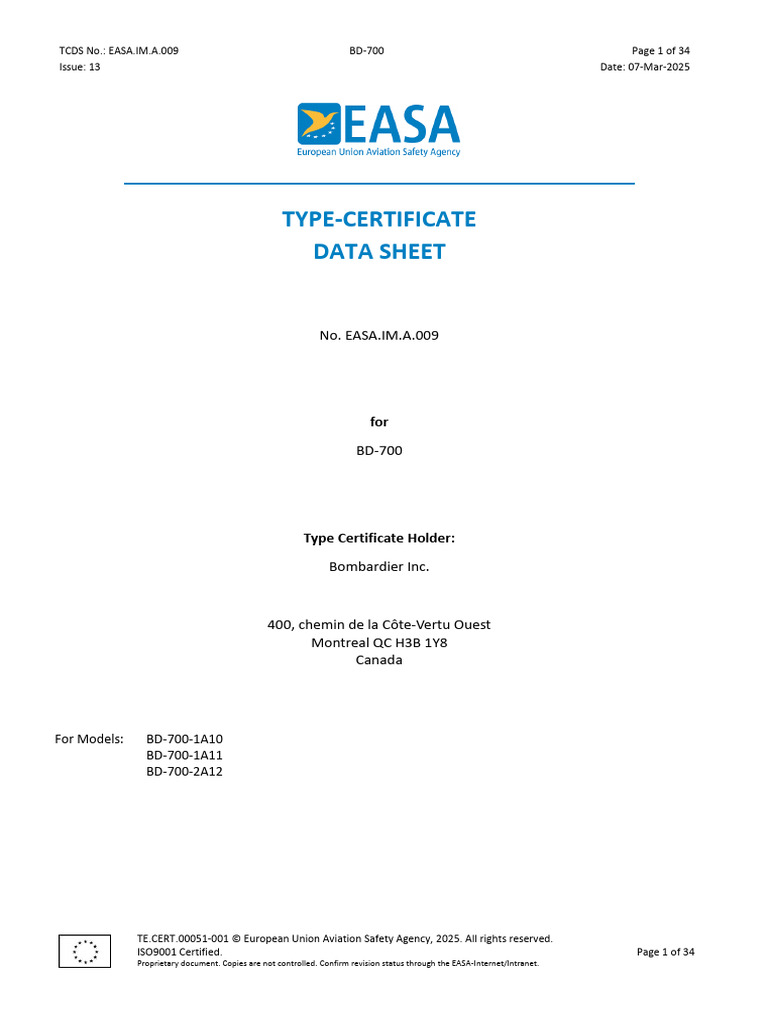 EASA Type Certificate Data Sheet BD-700 | PDF | Transport | Aircraft