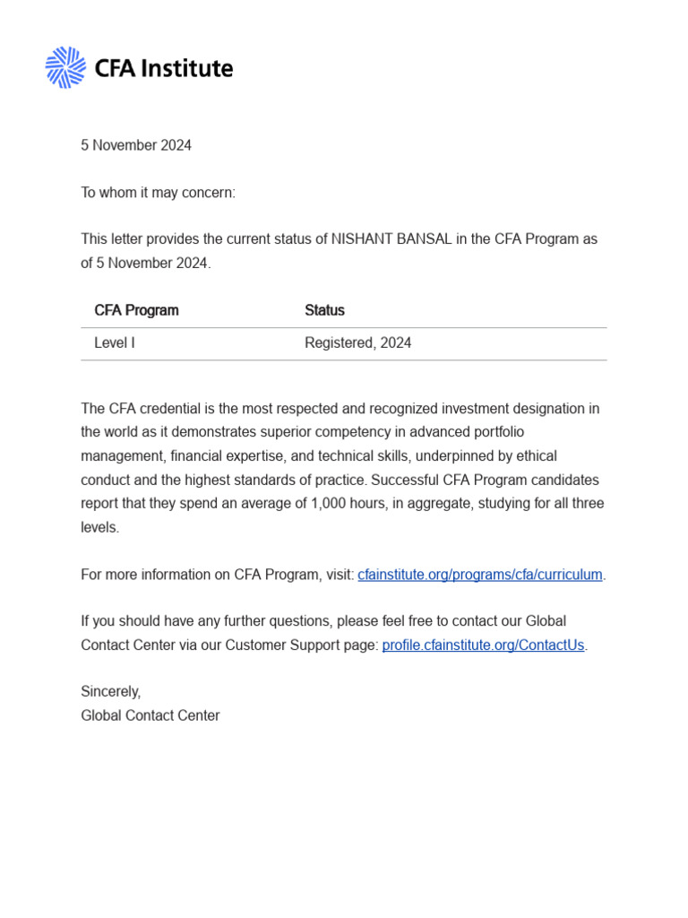 CFA Program Verification Letter | PDF