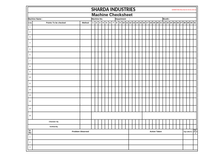 Machine Daily Checksheet Format | PDF