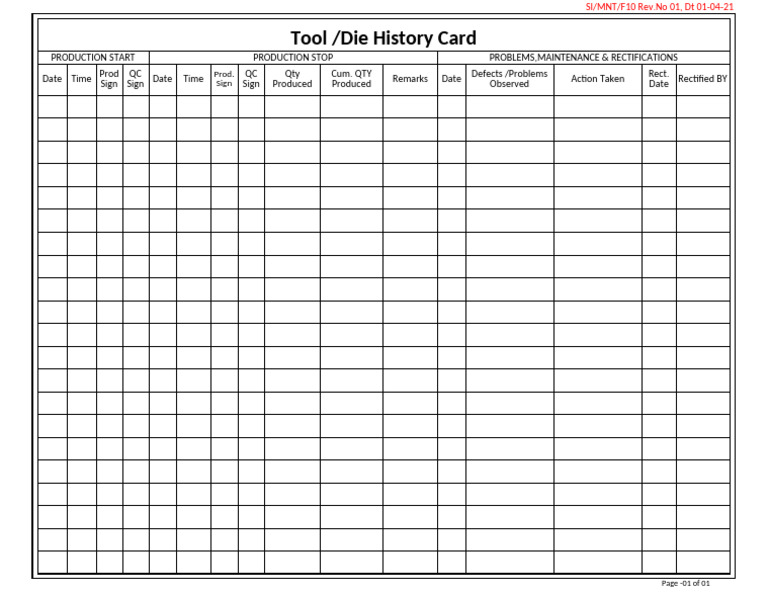 Tool or DIE History Card | PDF
