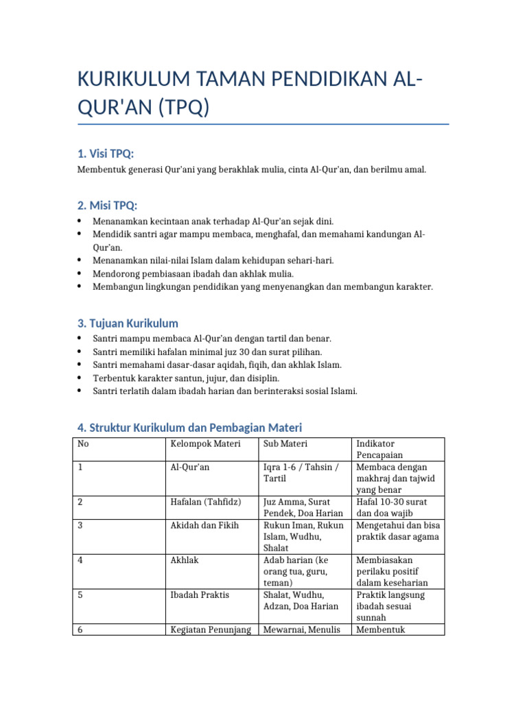 Visi dan Misi Kurikulum TPQ 2024 | PDF