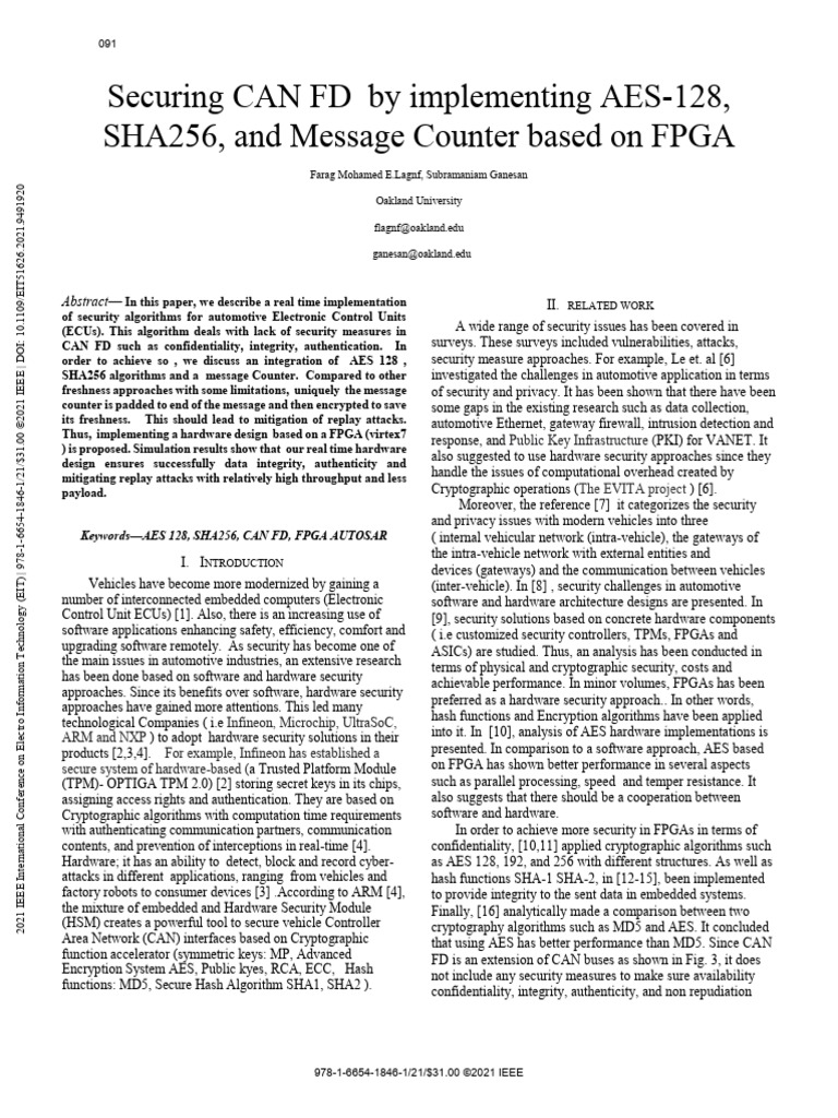 Securing CAN FD by Implementing AES-128 SHA256 and Message Counter Based On FPGA | PDF ...