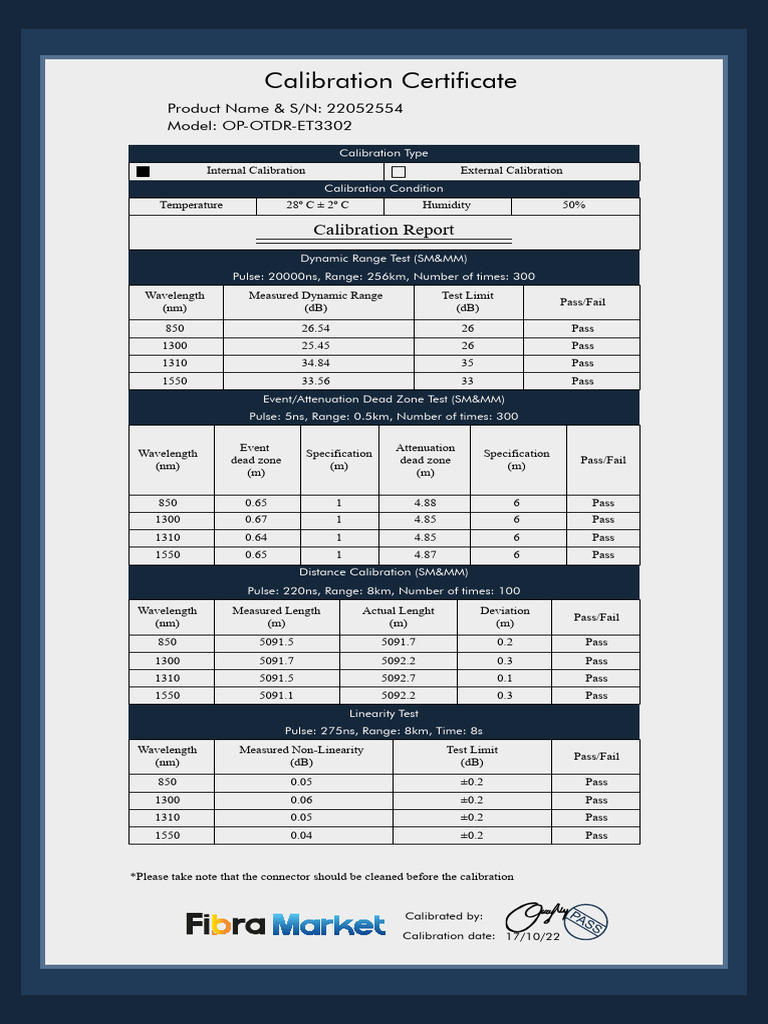 OTDR Calibration Certificate Summary | PDF | Calibration | Applied And ...