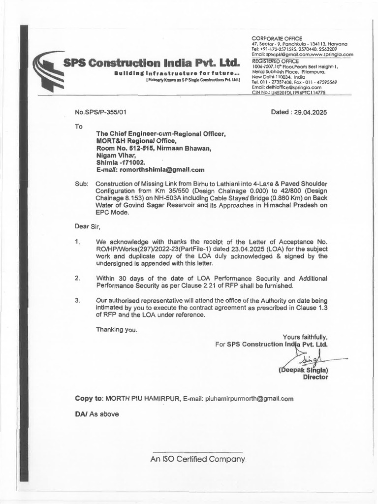 03-SPS LTR No. 01 Dt. 29-04-2025-LOA Acknowledge | PDF