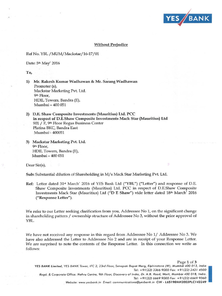 Letter From Yes Bank To PCC+Mack Star | PDF