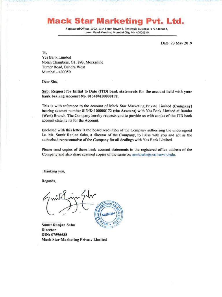 Letter From Mack Star To Yes Bank | PDF