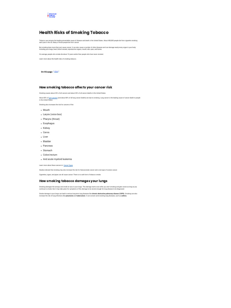 Health Risks of Smoking Tobacco - American Cancer Society | PDF ...