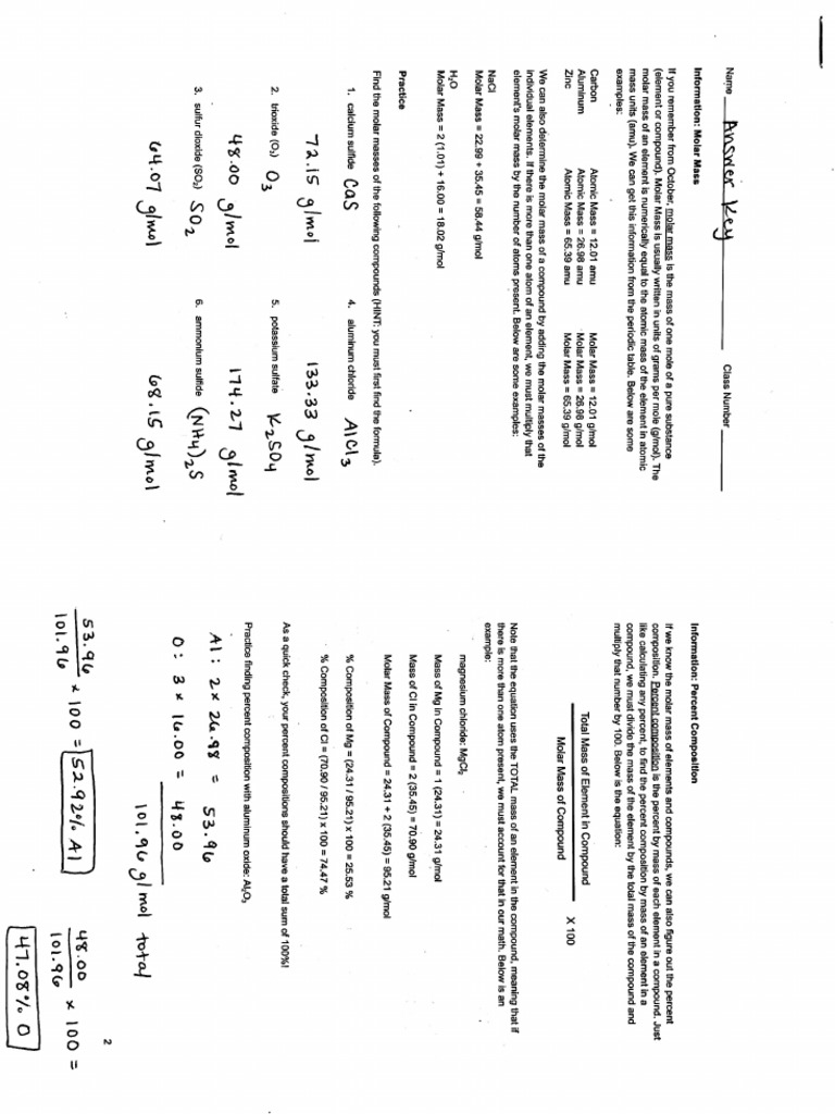 Answer+Key+ +Molar+Mass+Percent+Composition+and+Empirical+Formula+Notes ...