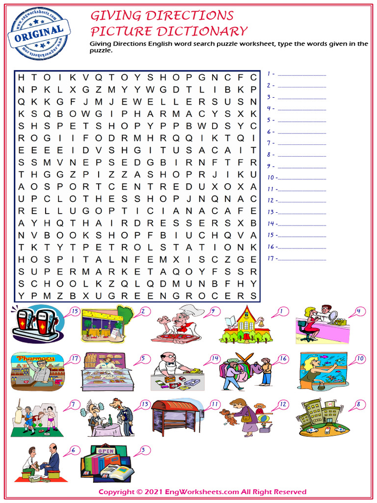 Giving Directions English Word Search Puzzle Worksheet Type The Words ...