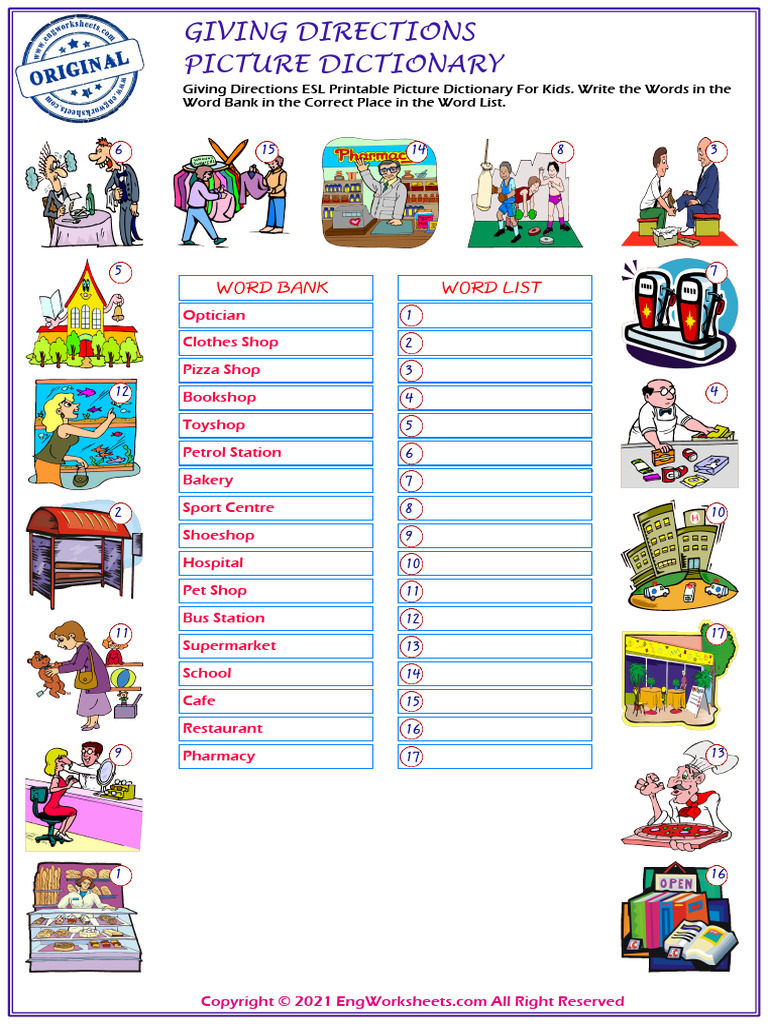 Giving Directions Esl Printable Picture Dictionary For Kids Write The ...