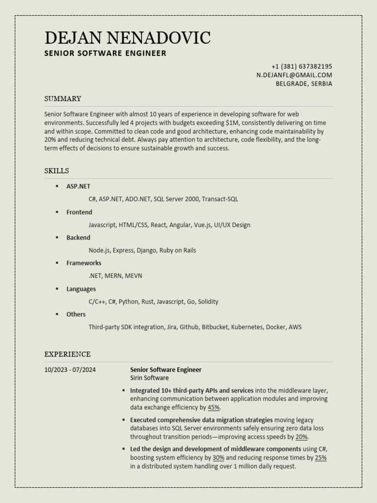 DejanNenadovic Senior Software Engineer | PDF | Computing | Software ...