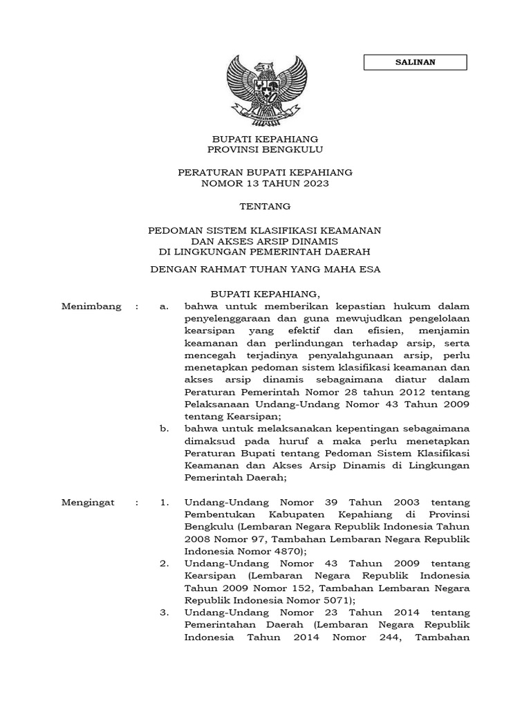 Perbup Kepahiang 13 Tahun 2023 Tentang Pedoman Sistem Klasifikasi Keamanan Dan Akses Arsip ...