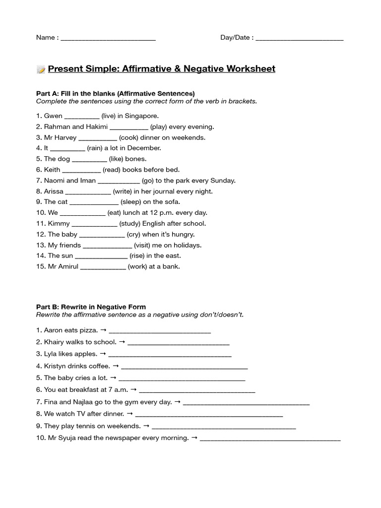 Present Simple - Affirmative & Negative Worksheet | PDF | Chess ...