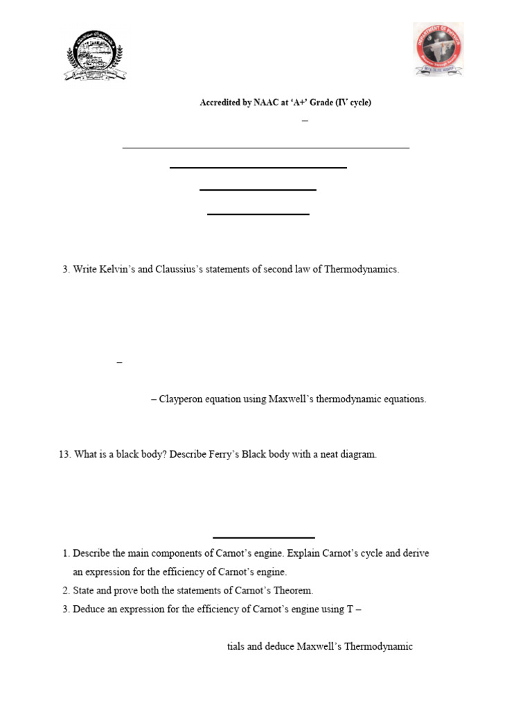 Course 6-Heat and Thermodynamics-II BSC III Semester-Question Bank 2024-2025 | PDF | Entropy ...