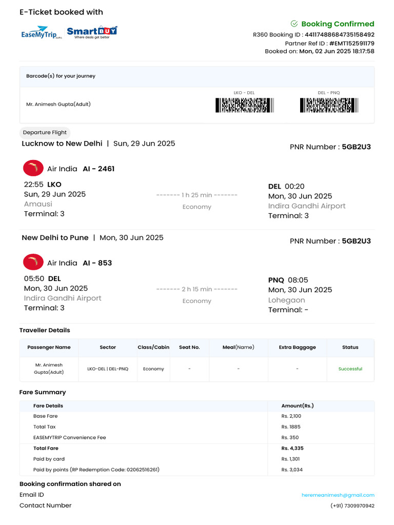 E-Ticket Booked With: 5GB2U3 AI - 2461 LKO DEL | PDF | Identity Document