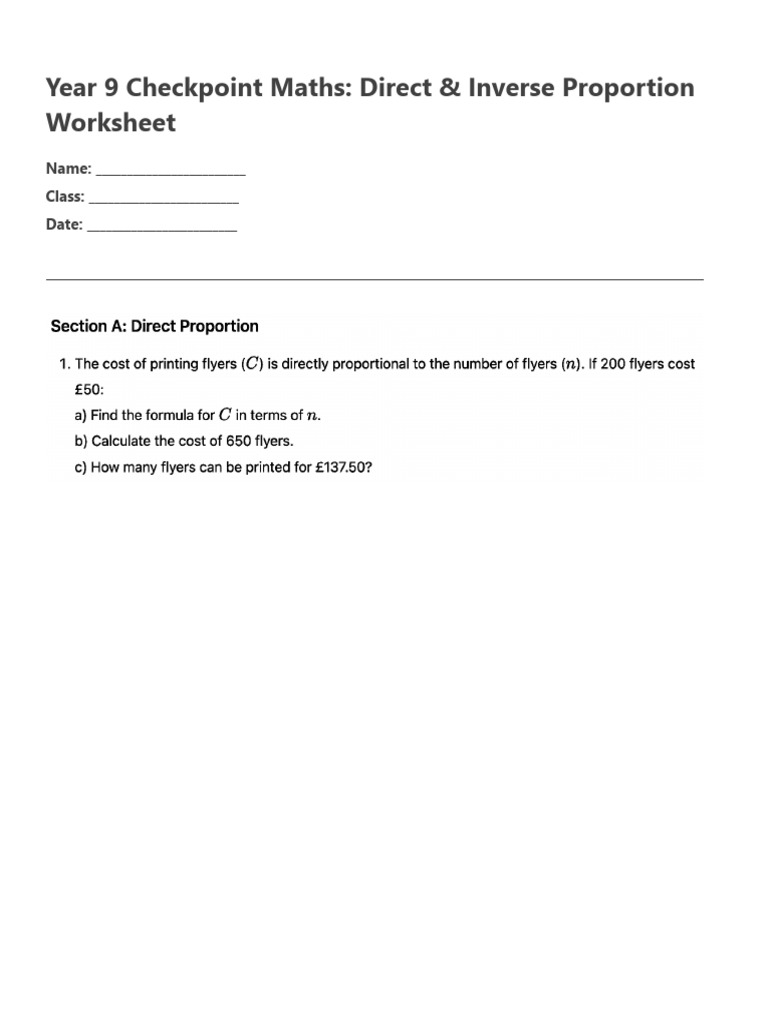 Year 9 Direct & Inverse Proportion Worksheet | PDF
