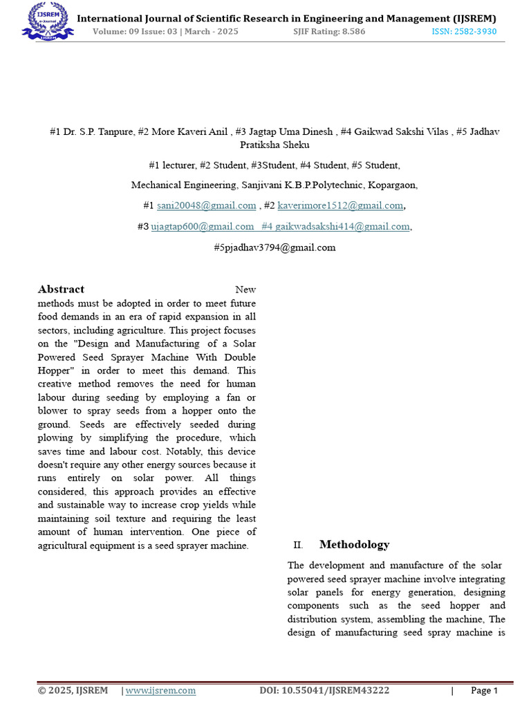 Design and Manufacturing of Solar Powered Seed Sprayer Machine | PDF ...