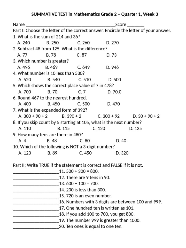 MATH Summative Test Q1W3 | PDF | Numbers | Summation