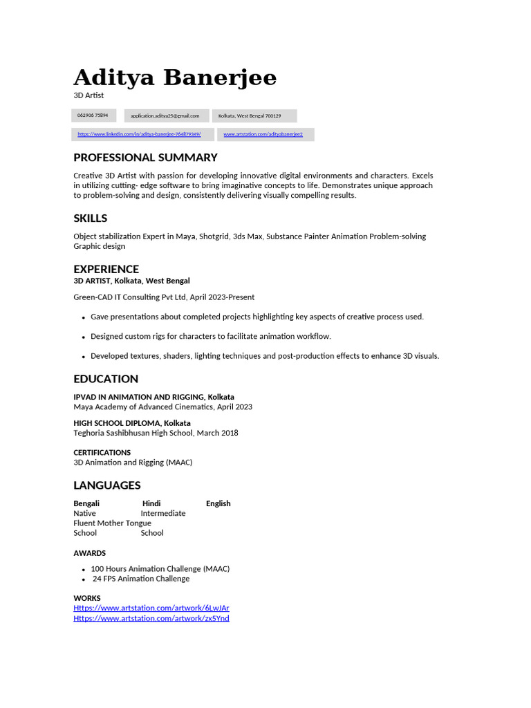 Aditya Banerjee 3D Artist Resume | PDF