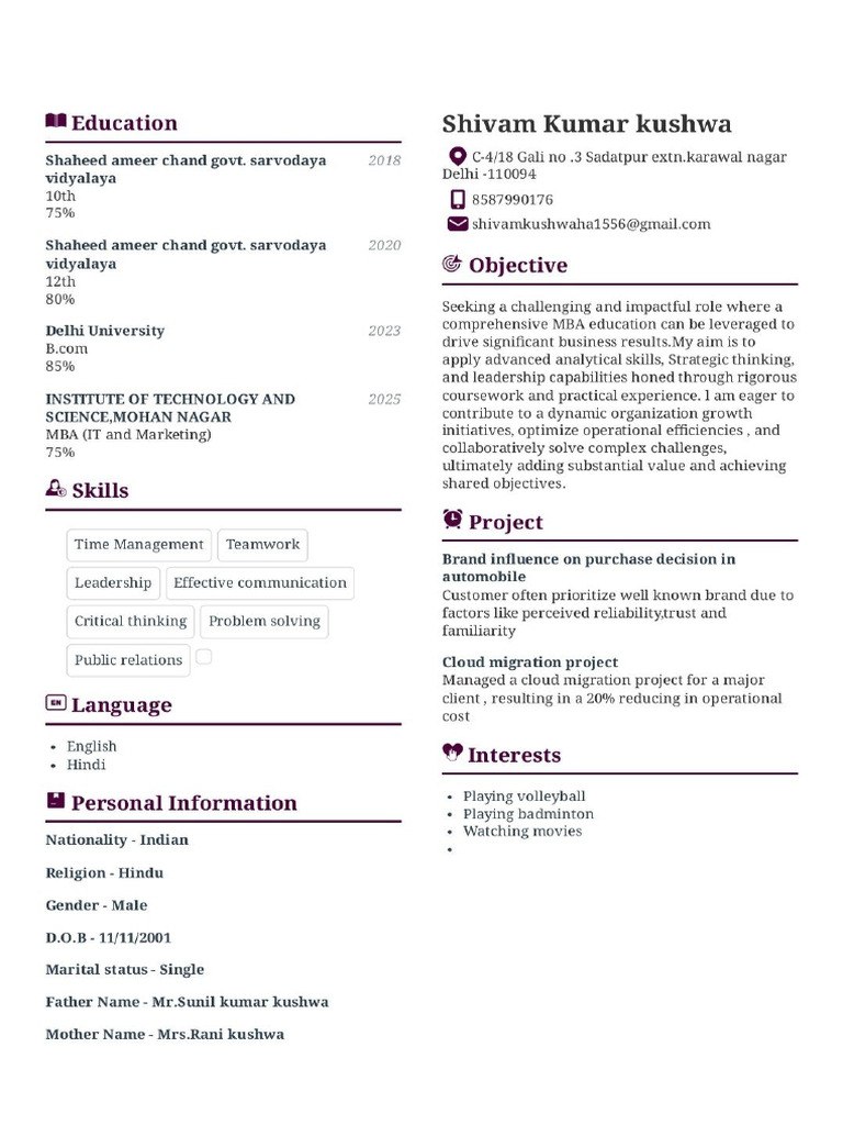 Shivam Kumar Kushwa Resume | PDF