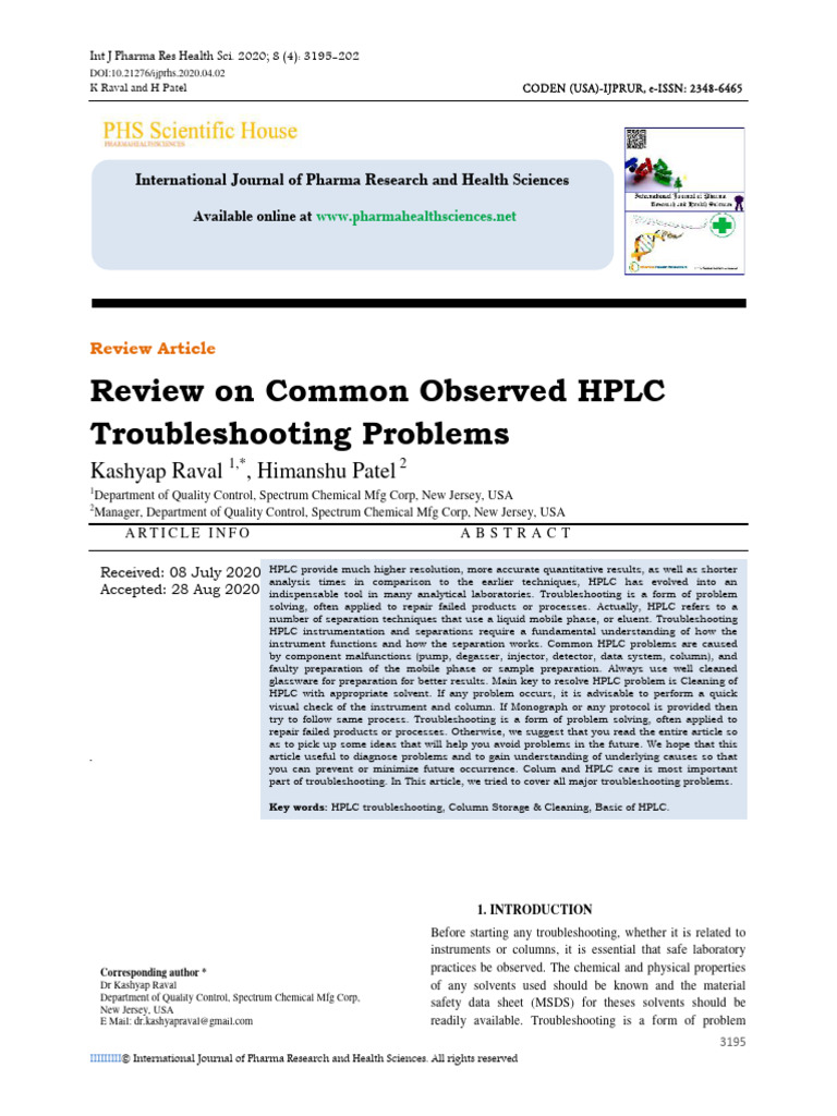Review on Common Observed HPLC Troubleshooting Problems | PDF | High ...