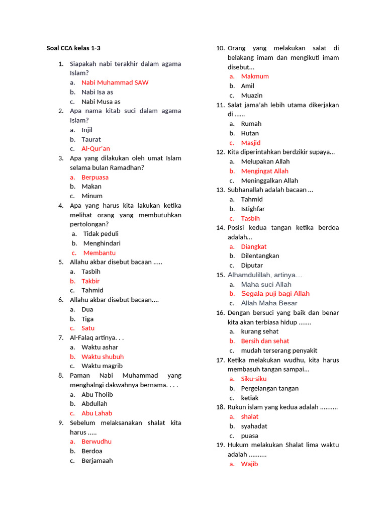 Soal CCA Agama Islam Kelas 1-3 | PDF