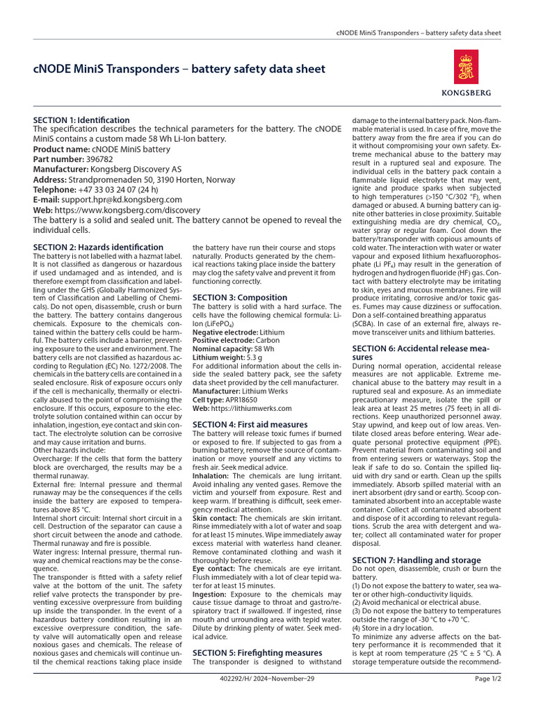 cNODE MiniS Battery Safety Data Sheet | PDF | Lithium Ion Battery ...