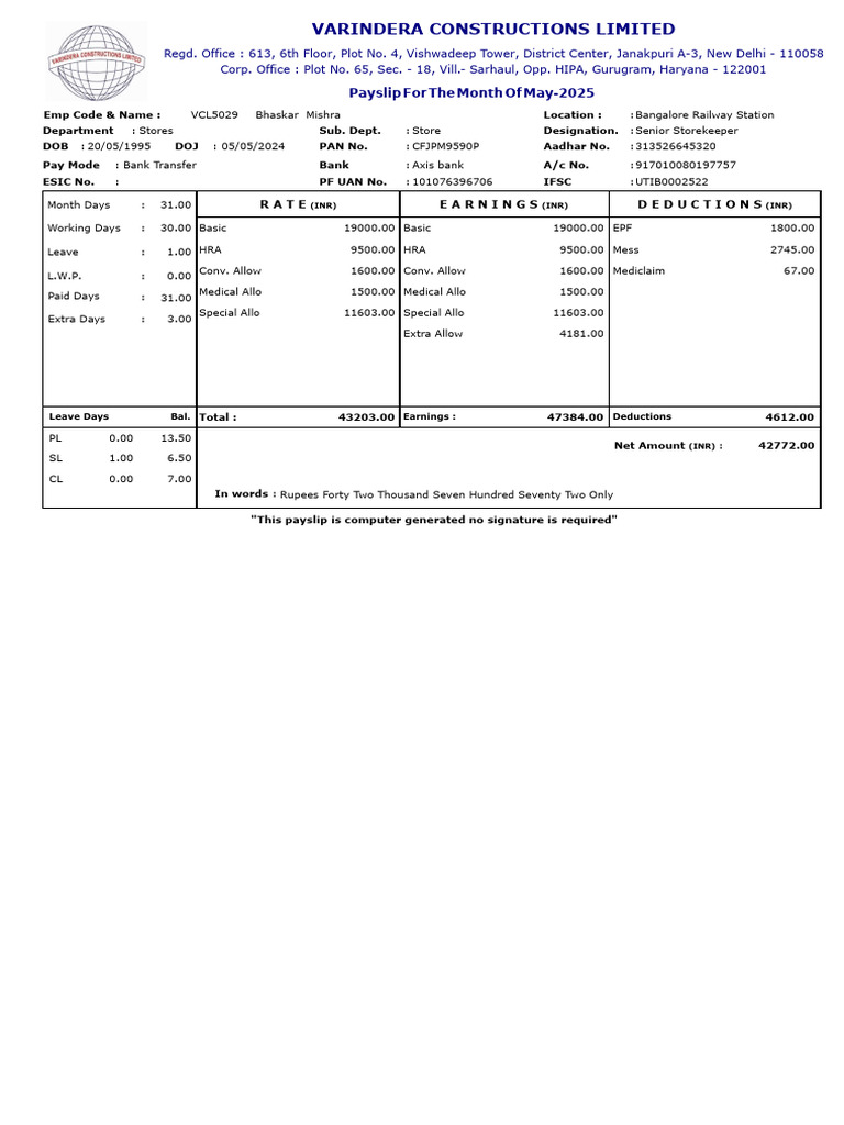 May 2025 Payslip for Bhaskar Mishra | PDF