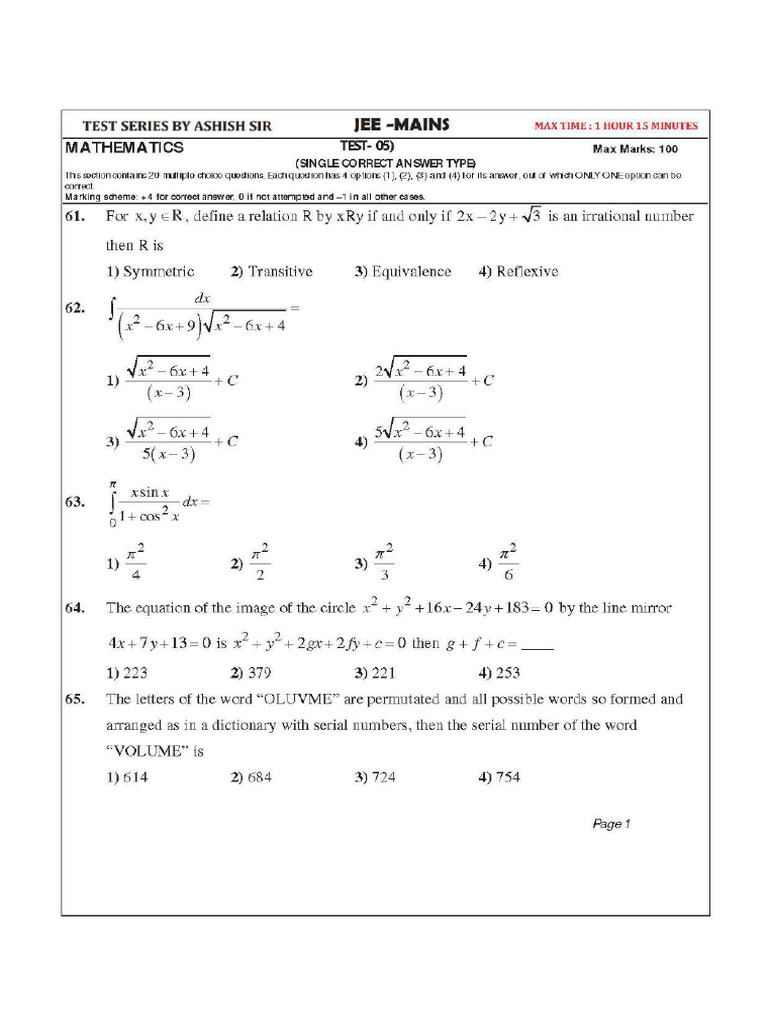 Test 05 - Test Paper, Answer Key & Detailed Solution - Prayas JEE 2025 ...