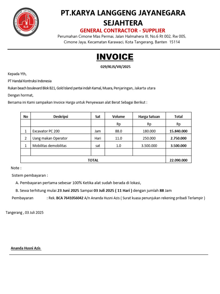 Invoice Sewa Alat Berat PT Karya Langgeng | PDF