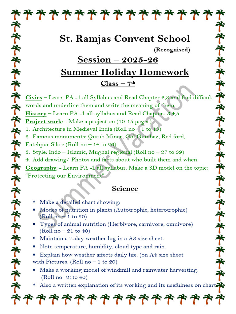 Holiday Homework For Class 7th | PDF