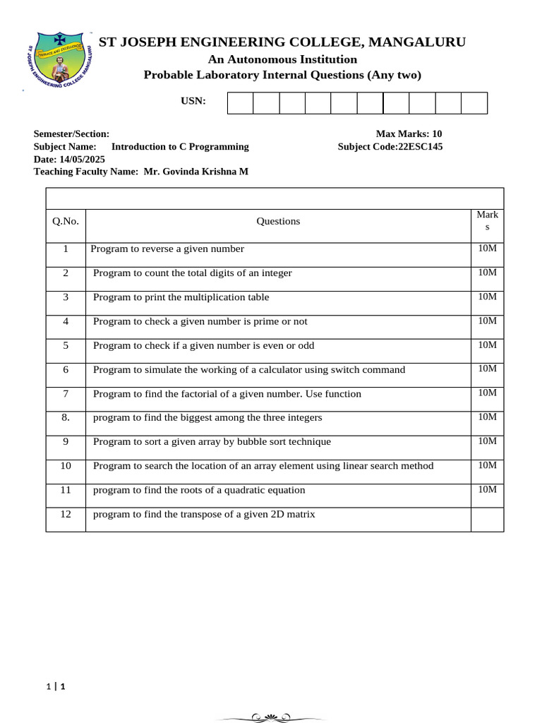 C Programming Lab Internal Questions | PDF