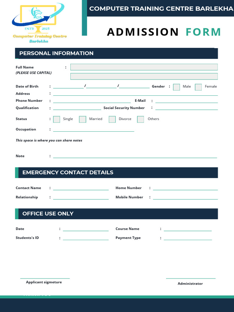 Computer Training Centre Admission Form | PDF