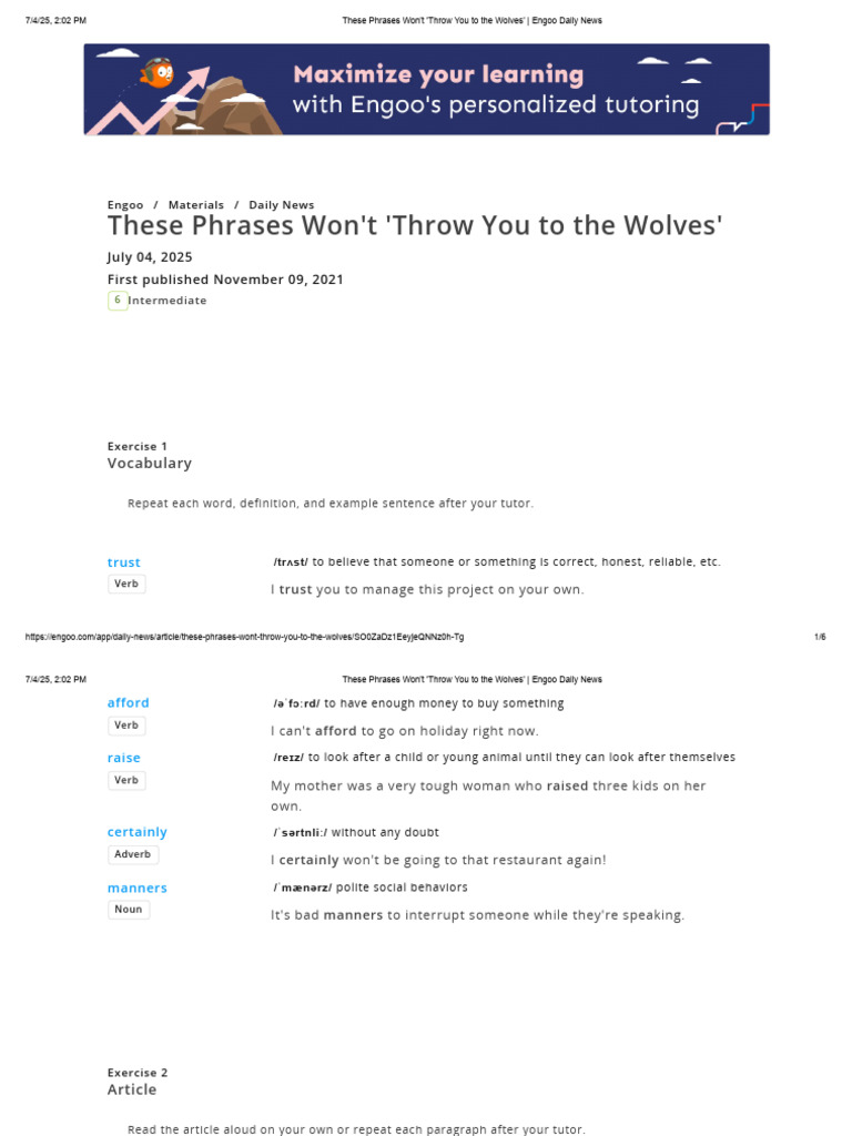 These Phrases Won't 'Throw You To The Wolves' - Engoo Daily News | PDF ...