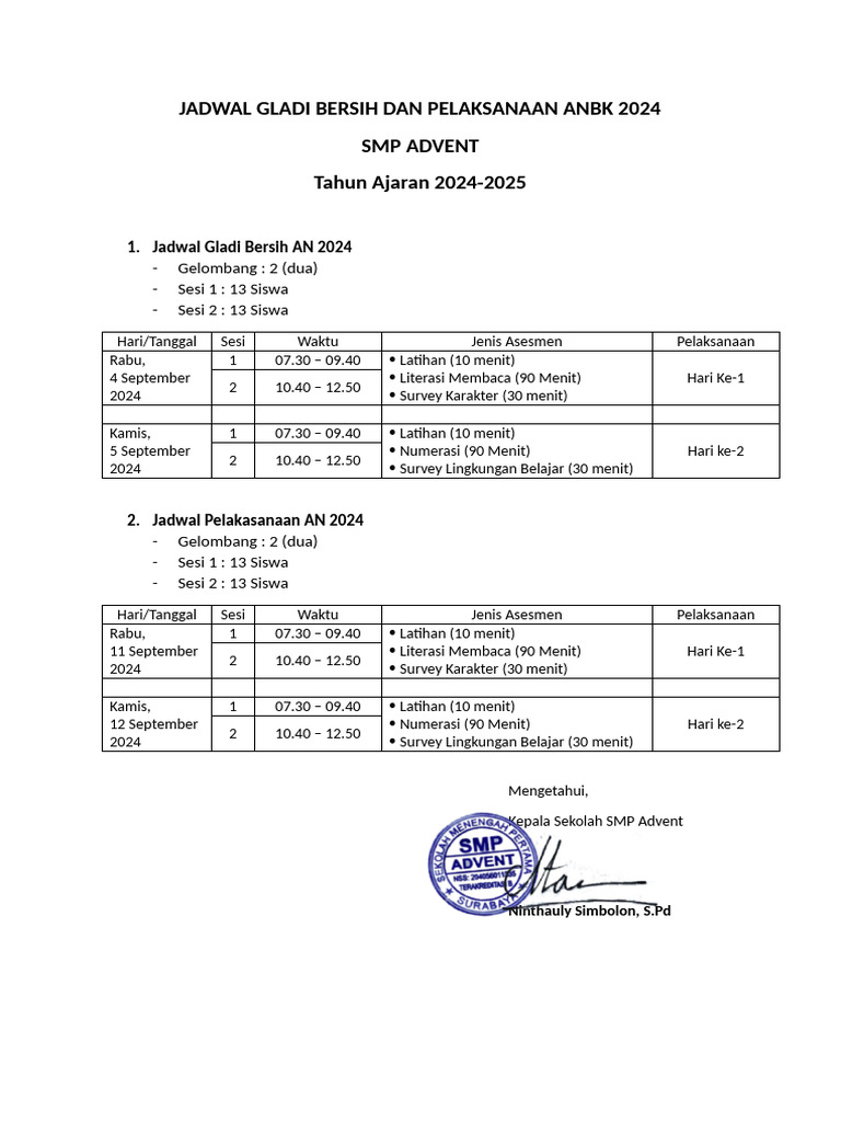 Jadwal Gladi Bersih Dan Pelaksanaan Anbk 2024 - SMP | PDF