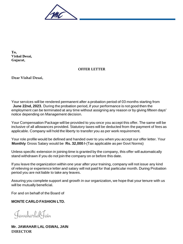 Vishal Desai Job Offer Letter | PDF