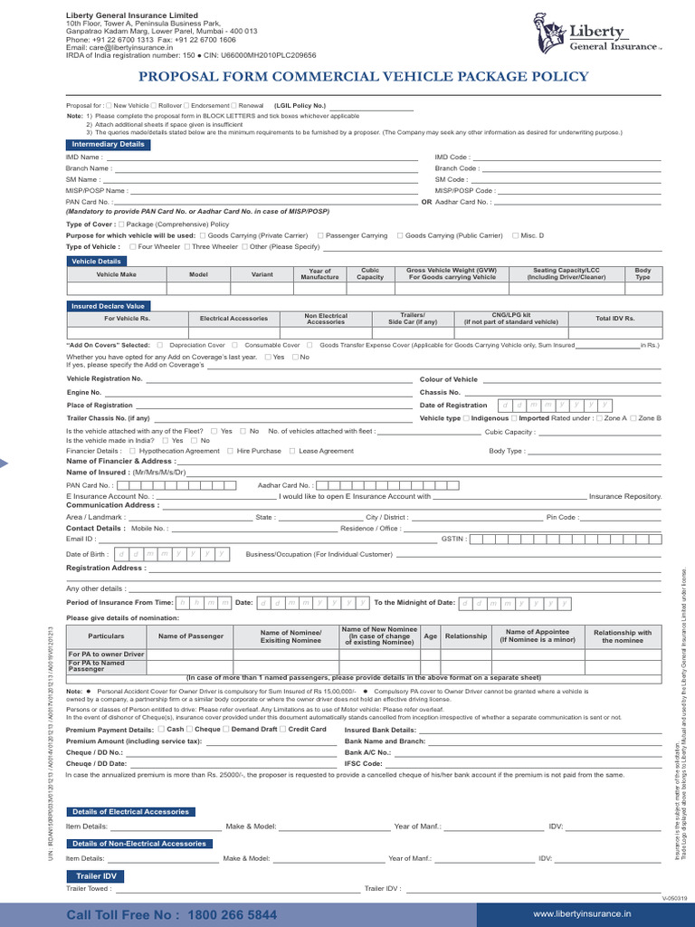 Commercial Vehicle Insurance Proposal Form | PDF | Insurance | Cheque