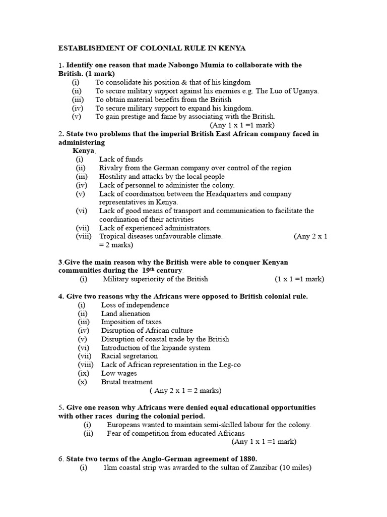 17.0.0 Establishment of Colonial Rule in Kenya Ans | PDF