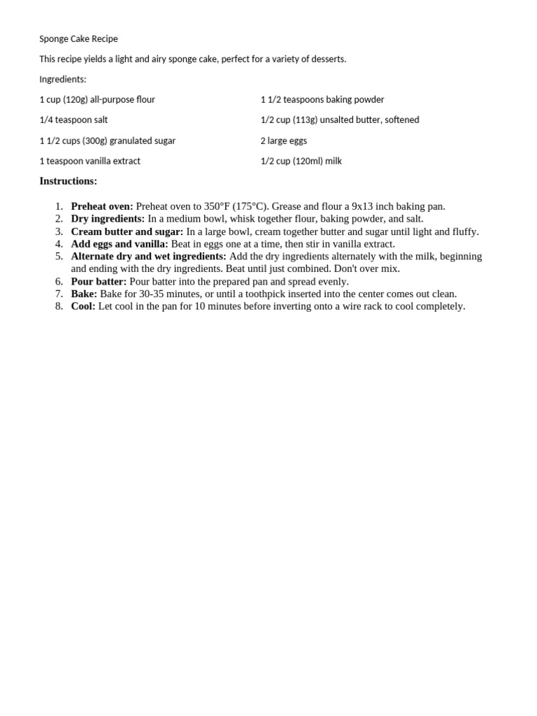 Easy Airy Sponge Cake Recipe | PDF