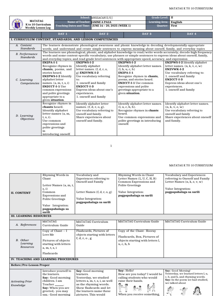K-10 English Weekly Lesson Plan | PDF | Vocabulary | Linguistics