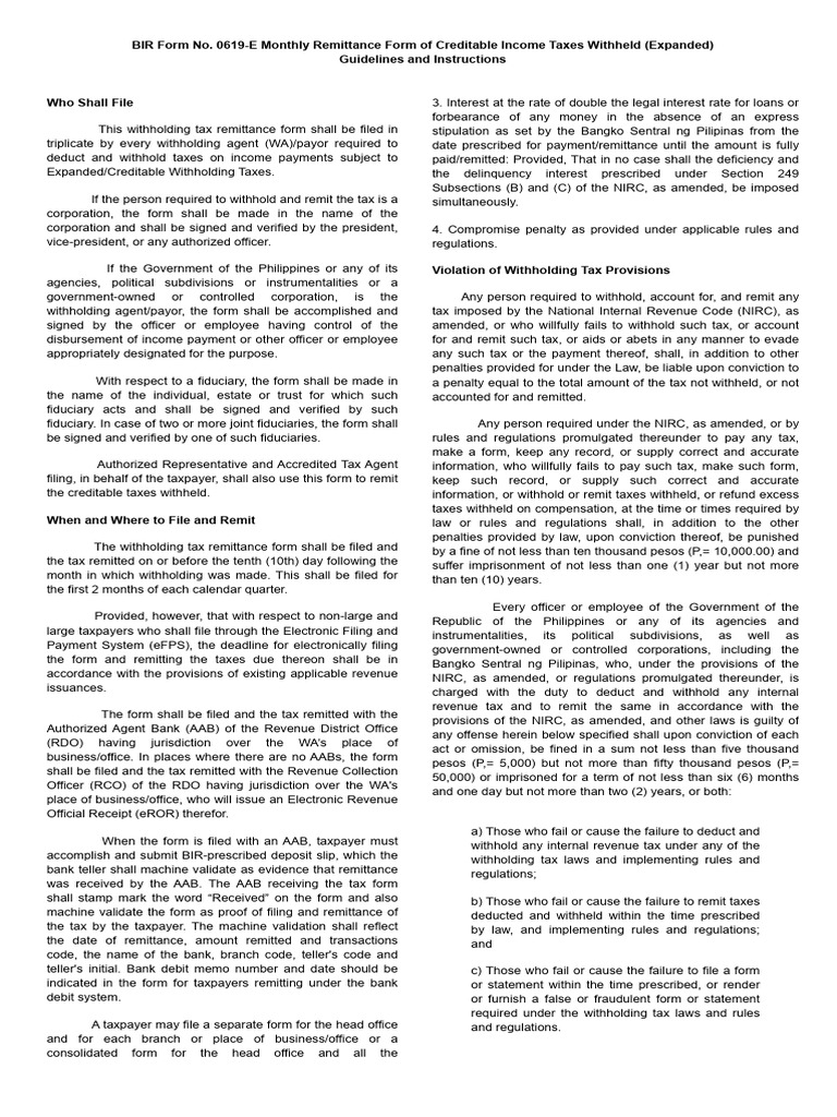 BIR Form No. 0619E - Guidelines and Instructions | PDF | Taxes ...