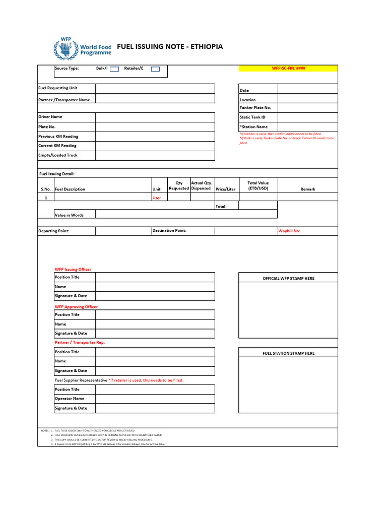 Fuel Issuing Note - Ethiopia | PDF | Vehicles | Transport