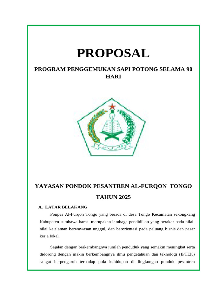 Proposal Penggemukan Sapi PONPES AL FURQON | PDF