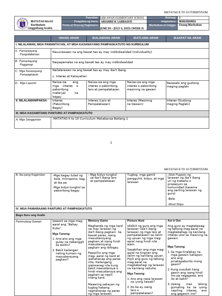 DLL Matatag Makabansa 1 q1 w3 | PDF