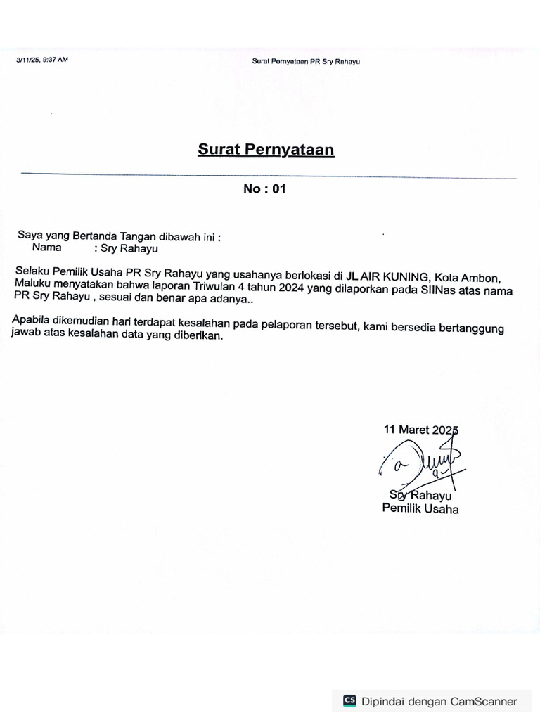 Surat Pernyataan Pr Sry Rahayu - Chicken Katsu | PDF