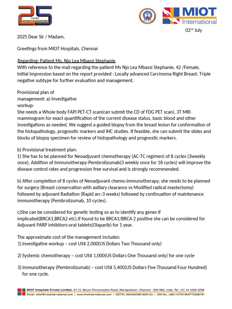 Medical Report of Patient Ms. Njo Lea Mbassi Stephanie | PDF | Breast ...