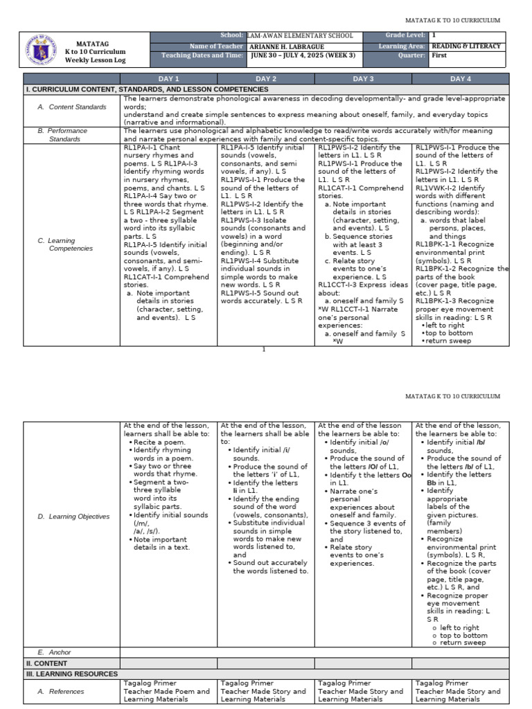 DLL Matatag - Reading&literacy 1 - Q1 - W3 | PDF | Word | Rhyme