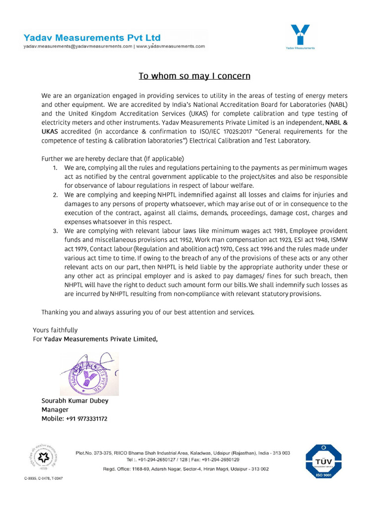 Certificate For Statutory Compliance | PDF