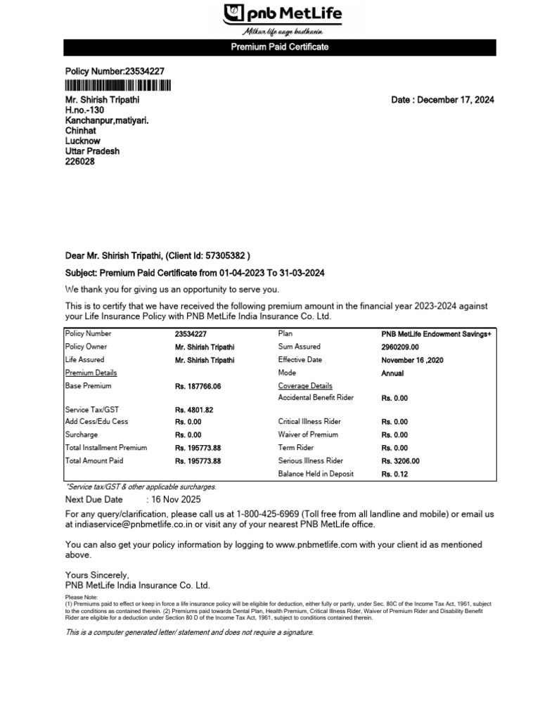 Premium Paid Certificate 2023-2024 | PDF | Insurance | Life Insurance