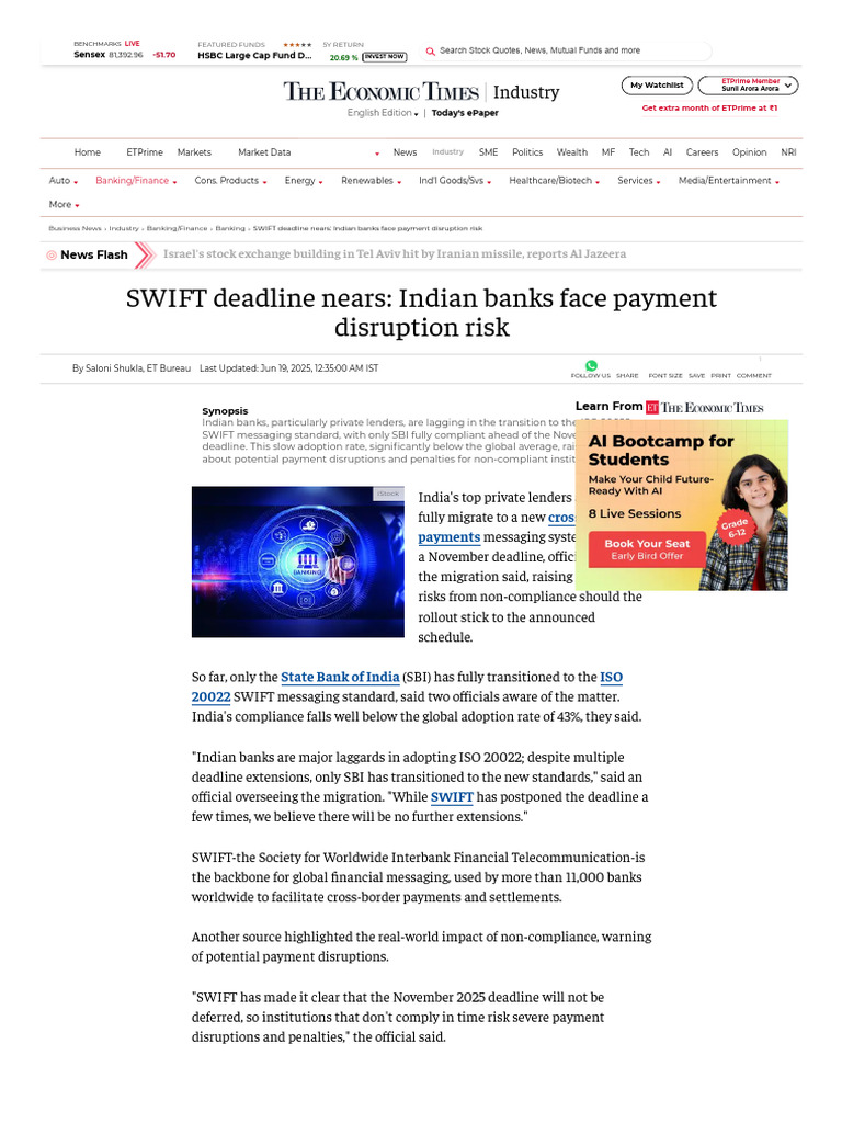 SWIFT Deadline Nears - Indian Banks Face Payment Disruption Risk | PDF ...